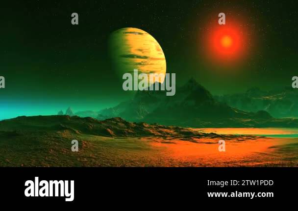 Surreal Alien Landscape. In a dark starry sky largest planet rotates ...