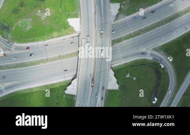 Elevated expressway. Clip. The curve of suspension bridge. Aerial view ...