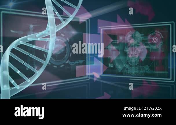 Digitally generated DNA double helix strand while pink arrows pointing ...