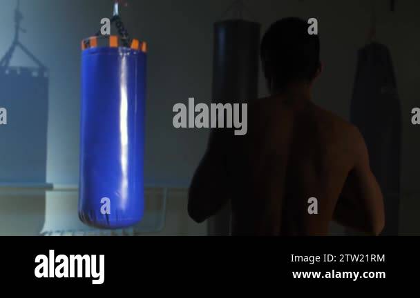 Back view of muscular male boxer punching bag in boxing gym. Fighter ...