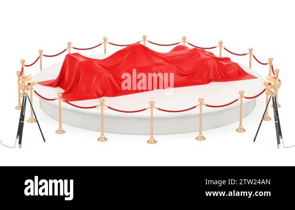 Presentation of racing car concept, podium with bolide covered red ...