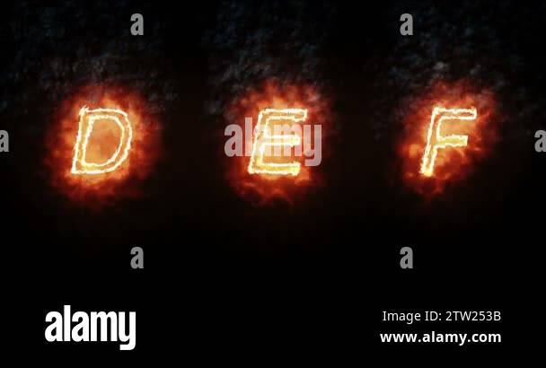 burning font d, e, f, fire word text with flame and smoke on black ...