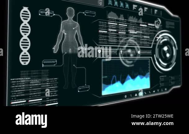 4K 3D Animation of user interface HUD with woman body analysis and dna ...