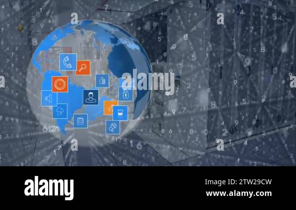 Digitally generated rotating globe while digital icons move and expand. Background shows digital ...