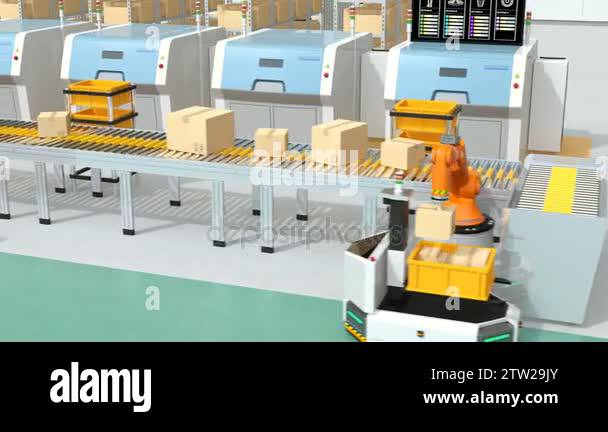 Robotic arm picking parcel from conveyor to AGV (Automatic guided ...