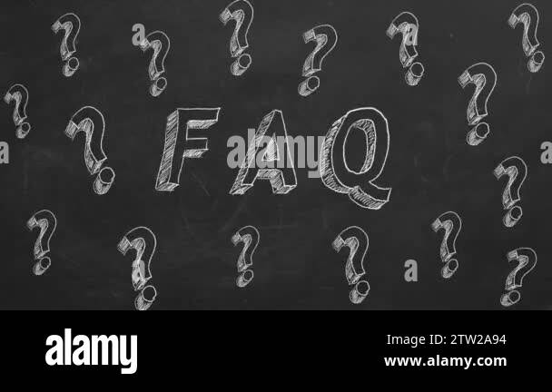 Hand drawing and animated question marks and text "FAQ" on blackboard ...