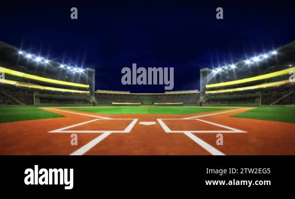 Baseball stadium infield diamond view illuminated at night, modern ...