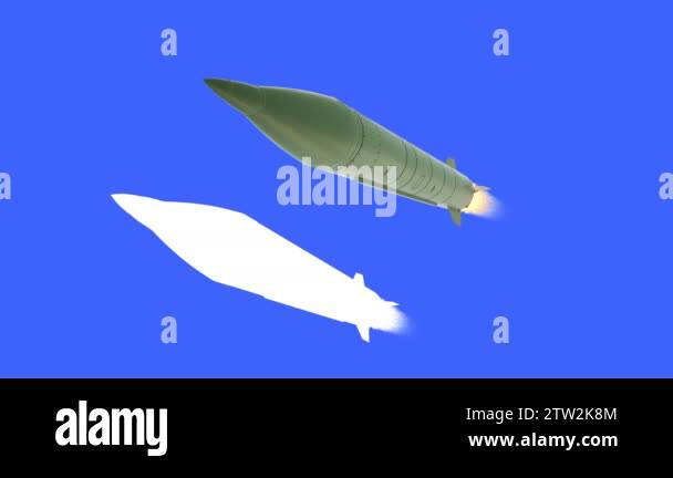 Flying nuclear ballistic rocket with alpha mask. Fire of rocket ...