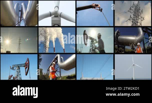 The energy industry. Montage split screen 4K. Extraction of oil ...