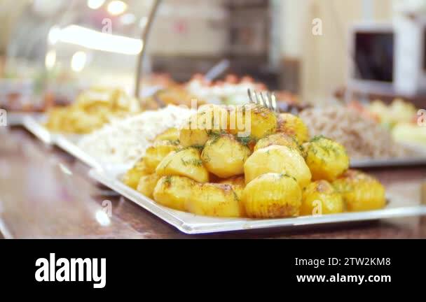 Salad Bar Buffet. dishes in the storefront. 4k, background blur. close ...