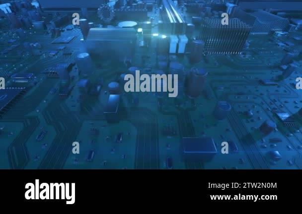 Flying Over the Circuit Board Blue Color. Looped 3d Animation of ...