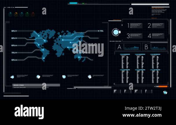 UI User Interface Dark blue background with world map graph bar pi and ...