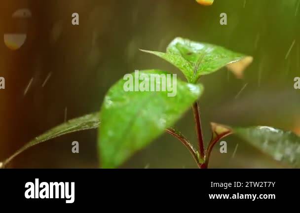 Tropical weather system raindrops falling plant leaves with their ...