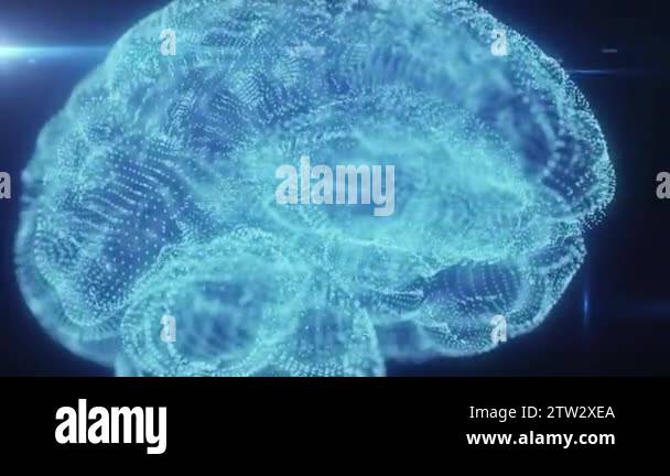 Rotating hologram of human brain, human brain formed from luminous glowing light particles ...