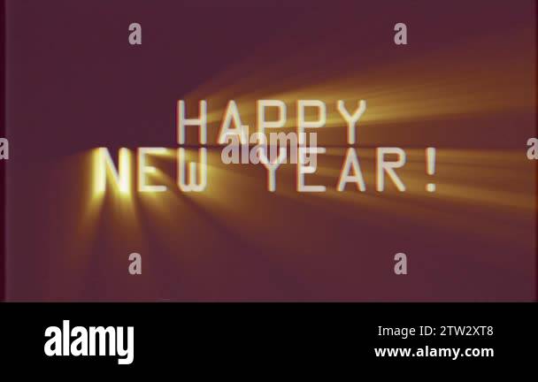 HAPPY NEW YEAR words light rays moving vhs retro effect close up ...
