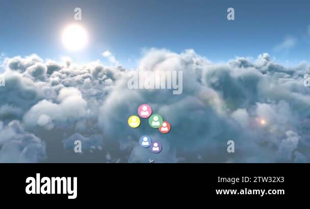 Animation of follow icons flying upwards with cloudy sky background 4k ...