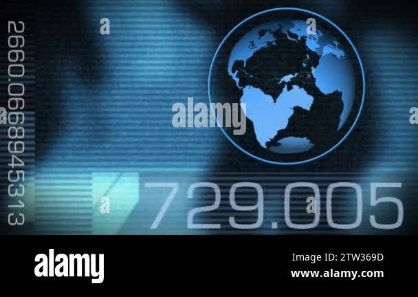 Digitally generated animation of globe rotating against a blue background while numbers shows ...