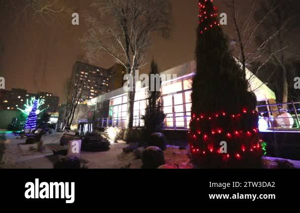 Exterior of modern house or restaurant, the Christmas lights are lit on ...