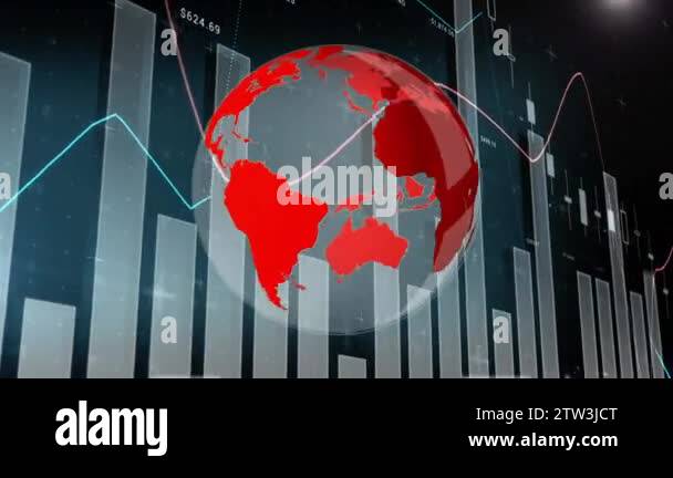 Digitally generated animation of red globe rotating and arrows are pointing downwards with ...