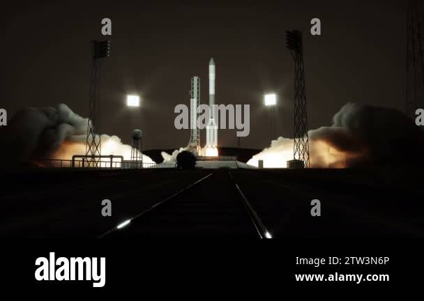 Rocket launch animation. Space launch system. Night. Realistic 4k ...