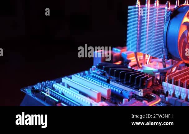 macro shooting of part of motherboard cooling system, slider moving ...