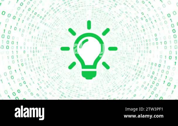 Green light bulb icon form green binary tunnel on white background ...