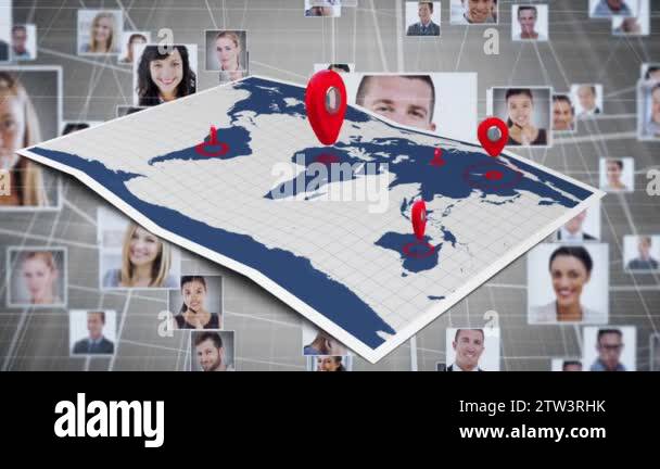 Digital animation of a map with arrows pointing at different locations ...