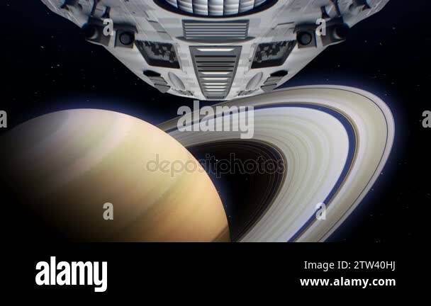 Alien spaceship is approaching Saturn. Bright engines flashing, 3d ...