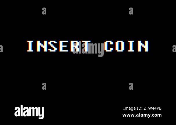 retro videogame INSERT COIN text on computer old tv glitch interference ...