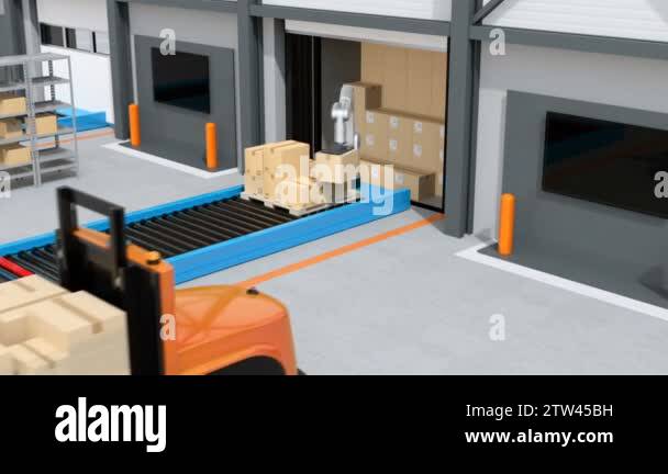 Industrial robot unloading parcels from semi truck. Autonomous forklift ...