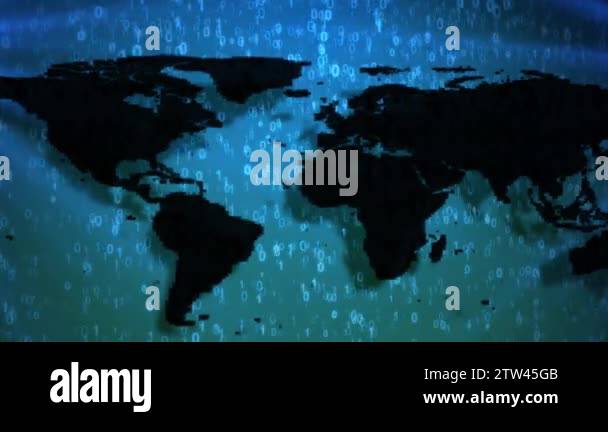 World Map On Animated Top Down Blue Digits 0 And 1 Binary Code Dark Continents With Shadows And