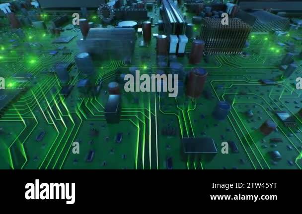 Flying Over the Circuit Board With Green Lights. Looped 3d Animation of ...