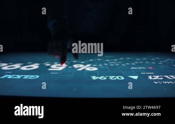 Man works charts, diagram indicators touch screen sensory interactive ...