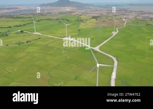 Windmill power station drone view. Aerial landscape wind turbine on ...