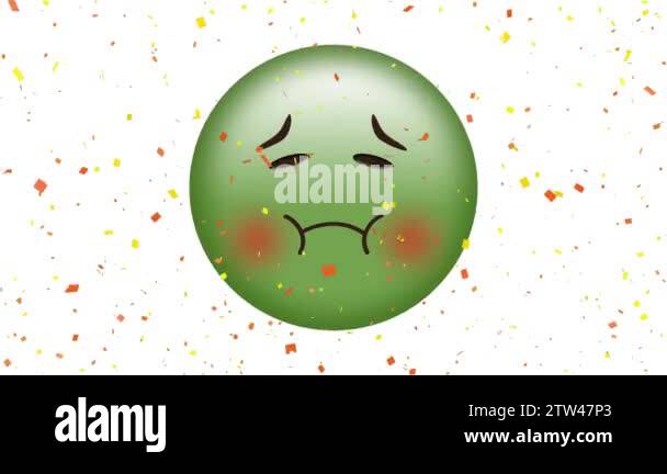 Digitally generated animation of a nauseated face emoji with confetti ...
