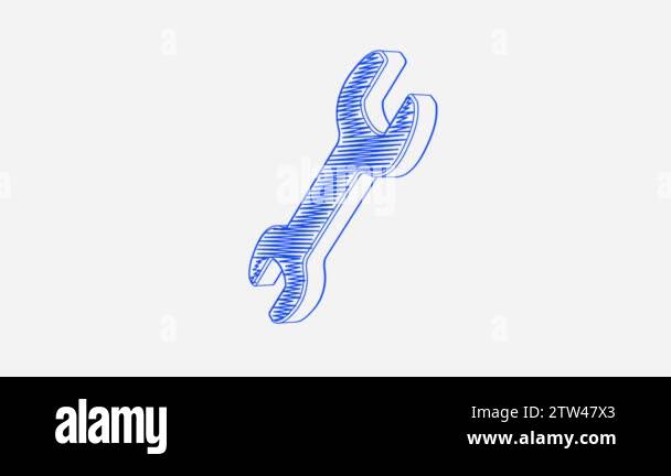 Isolated hand drawn blue wrench icon rotating on the white background ...