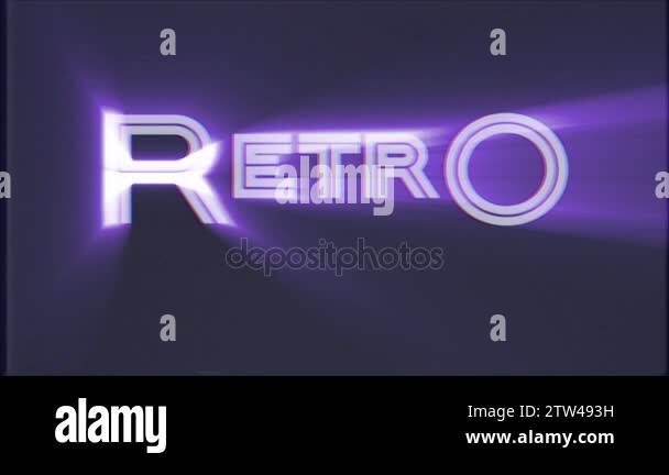shiny RETRO word text on old computer tv vhs effect glitch interference ...
