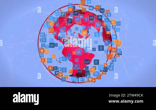 Digitally generated rotating globe while digital icons move and expands. Lines and numbers move ...