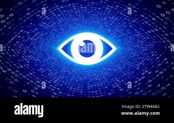 White eye icon form white binary tunnel on blue background. Computer security concept. Seamless ...
