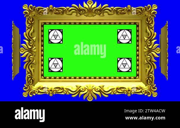 Ornate gold picture frames rotate in a circle on blue background ...