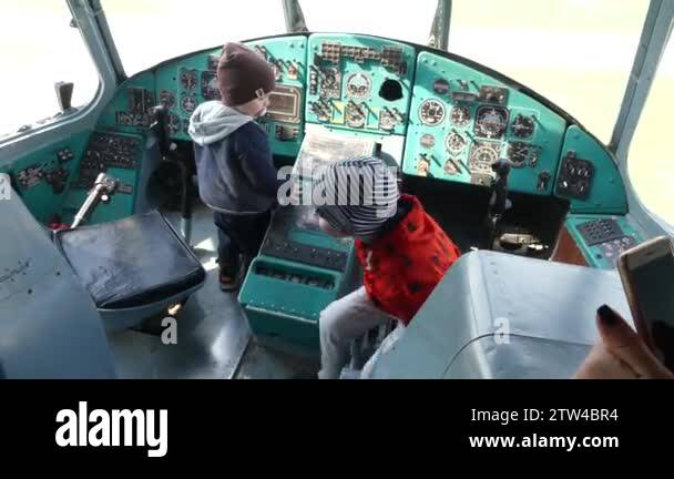 Kiev, Ukraine - April 14, 2018: In the cockpit of the plane in place of ...