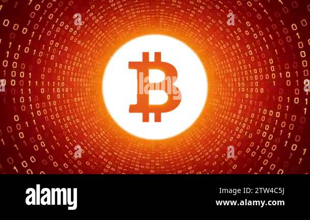 White crypto currency logo "BITCOIN" form yellow binary tunnel on ...