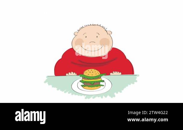 Animation of a fat man with hamburger sitting in fast food and trying ...