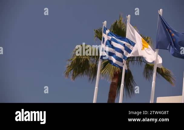 Flags of the European Union, Greece, Cyprus, the city of Aya Napa ...
