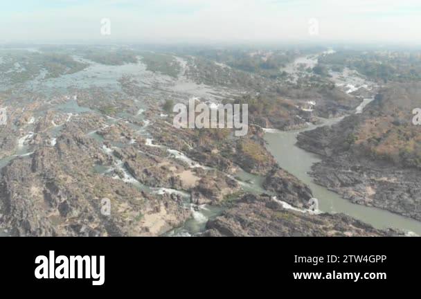 Aerial: flying over Don Det and the 4000 islands Mekong River in Laos ...