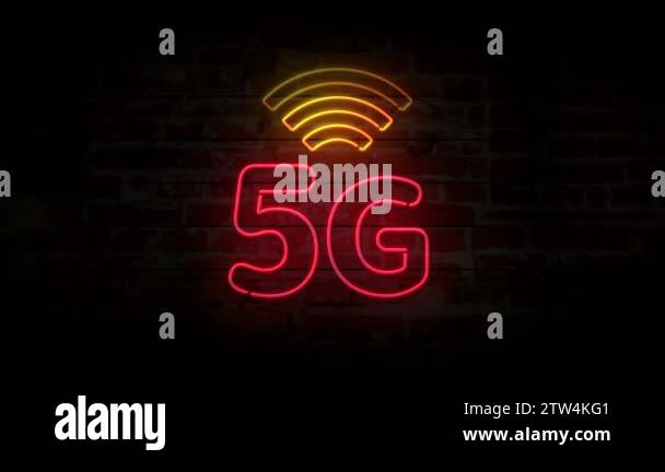 5G neon symbol on brick wall. Light bulbs with 5th generation of ...