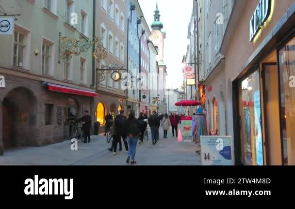 SALZBURG, AUSTRIA - FEBRUARY 27, 2019: The crowded Linzergasse street ...