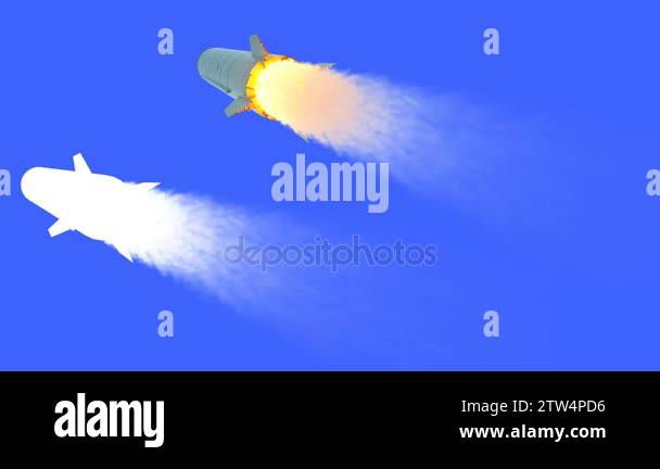 Flying nuclear ballistic rocket with alpha mask. Fire of rocket ...
