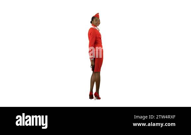 Stewardess turns with her back and waves her hand. Alpha channel. Back ...