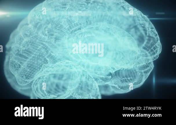 Rotating hologram of human brain, human brain formed from luminous glowing light particles ...